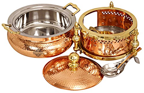 IndianArtVilla Steel Copper Chafing Dish with Sigdi Design Gel Fuel Stand, Buffet Warmer Serveware Party, 135 OZ