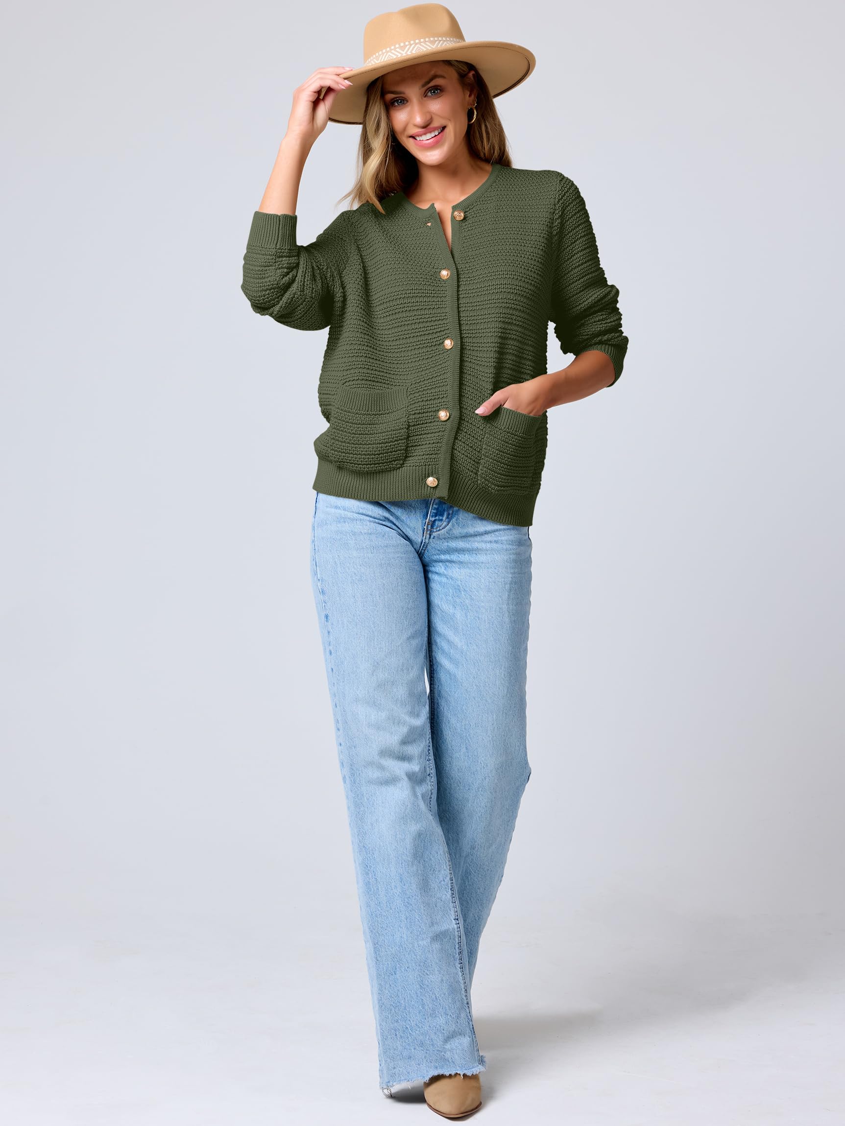 ANRABESS Women's Tweed Knit Cardigan Sweater Casual Long Sleeve Cropped Button Down Lady Jackets 2025 Spring Fashion Outwear Army Green Medium
