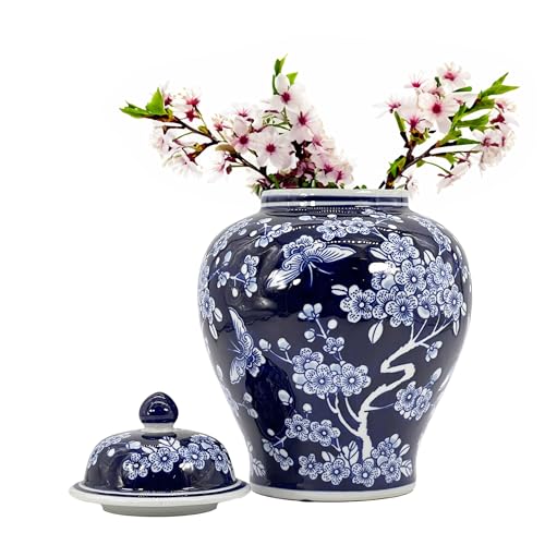 Galt International Dark Blue Floral Chinoiserie Jar 12" w/Lid - Ginger Jar, Tea Storage, Decorative, Home Decor Jar