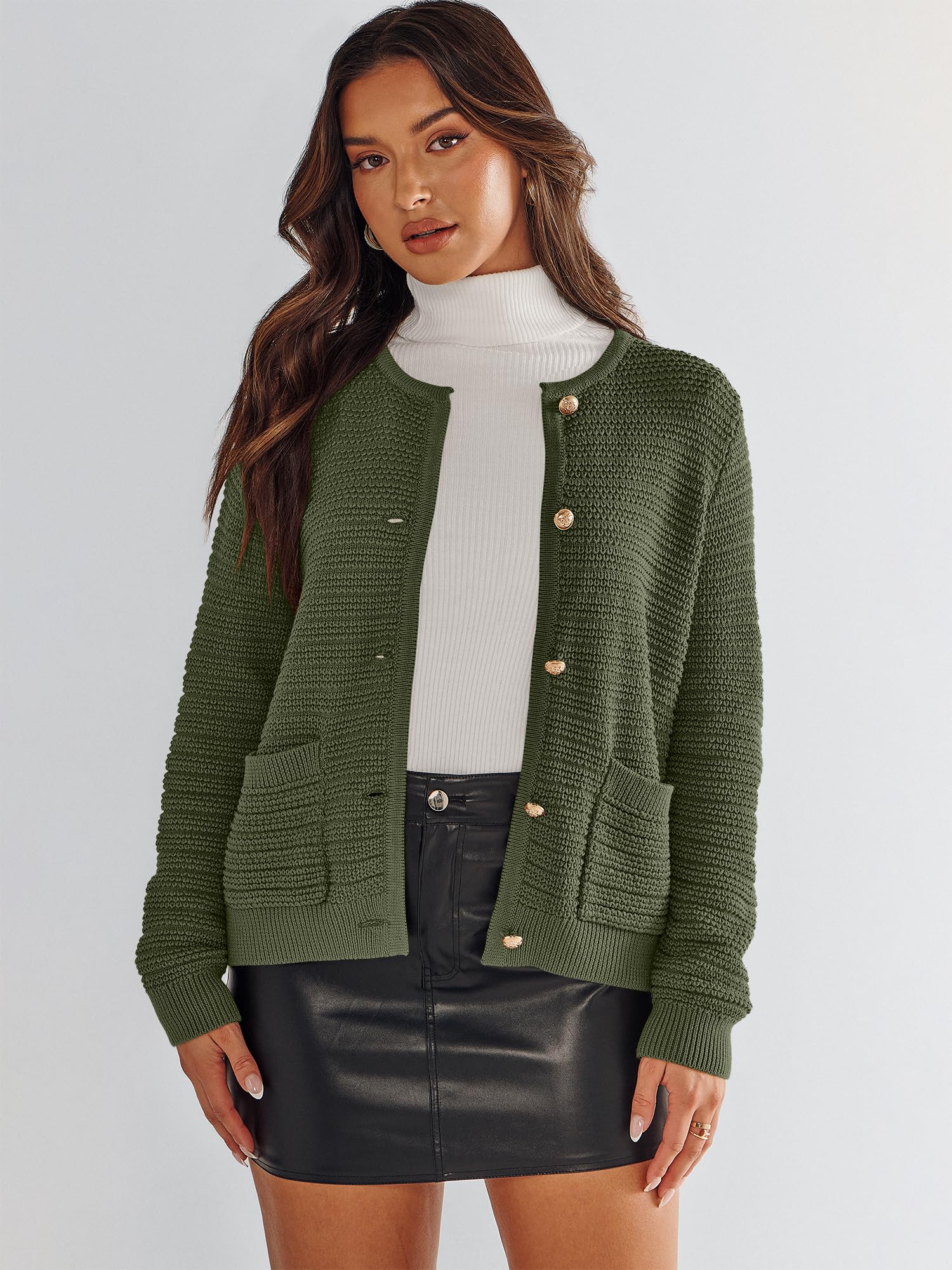 ANRABESS Women's Tweed Knit Cardigan Sweater Casual Long Sleeve Cropped Button Down Lady Jackets 2025 Spring Fashion Outwear Army Green Medium