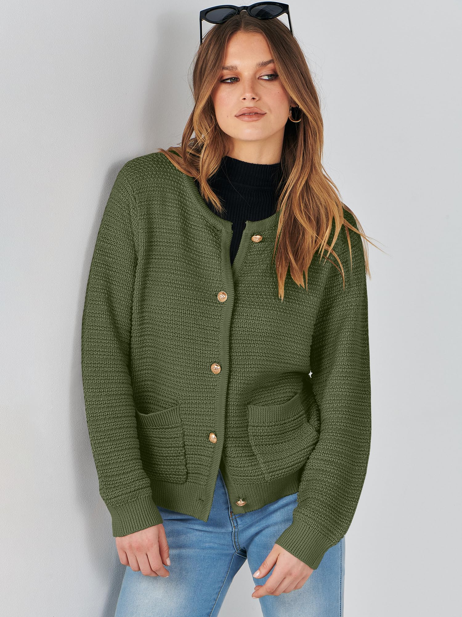 ANRABESS Women's Tweed Knit Cardigan Sweater Casual Long Sleeve Cropped Button Down Lady Jackets 2025 Spring Fashion Outwear Army Green Medium