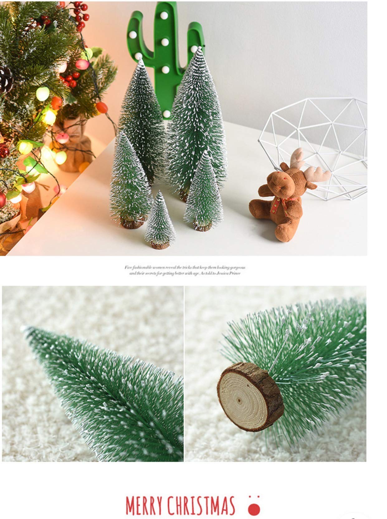 ANLL Desktop Miniature Pine Tree,Small Tabletop Christmas Tree, Mini Sisal Trees with Wood Base Bottle Brush Trees Toppers Snow Ornaments for Crafts, Displaying Christmas Party Home Decoration