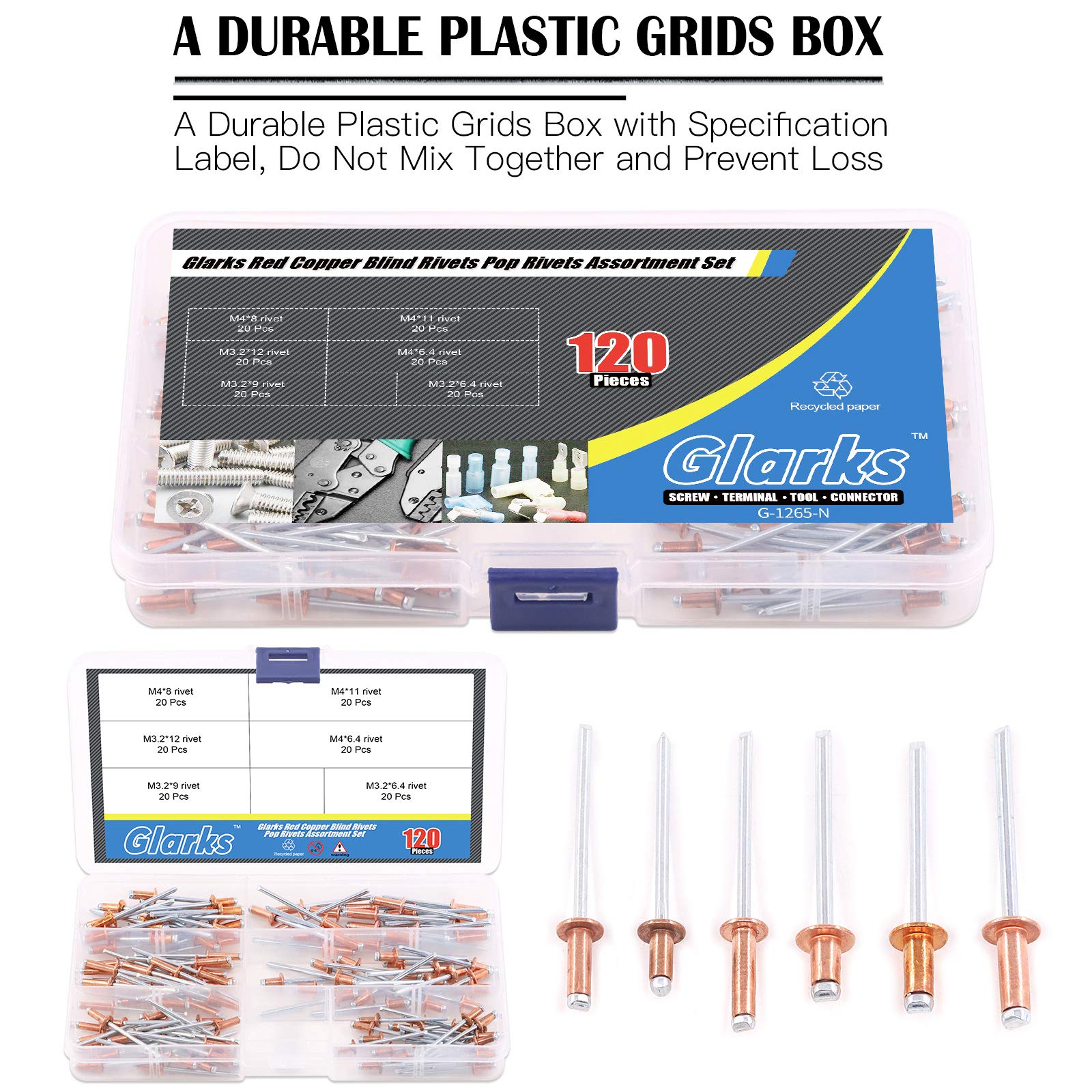 Glarks 120Pcs 6 Size Red Copper Blind Rivets Pop Rivets Assortment Set for Sheet Metal, Automotive, Railway, and Furnitures