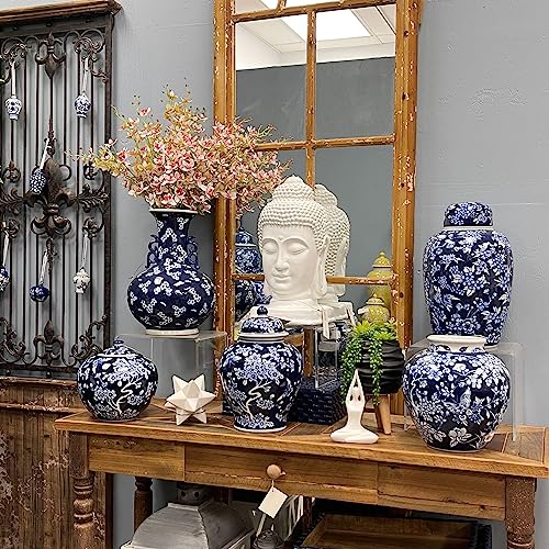 Galt International Dark Blue Floral Chinoiserie Jar 12" w/Lid - Ginger Jar, Tea Storage, Decorative, Home Decor Jar