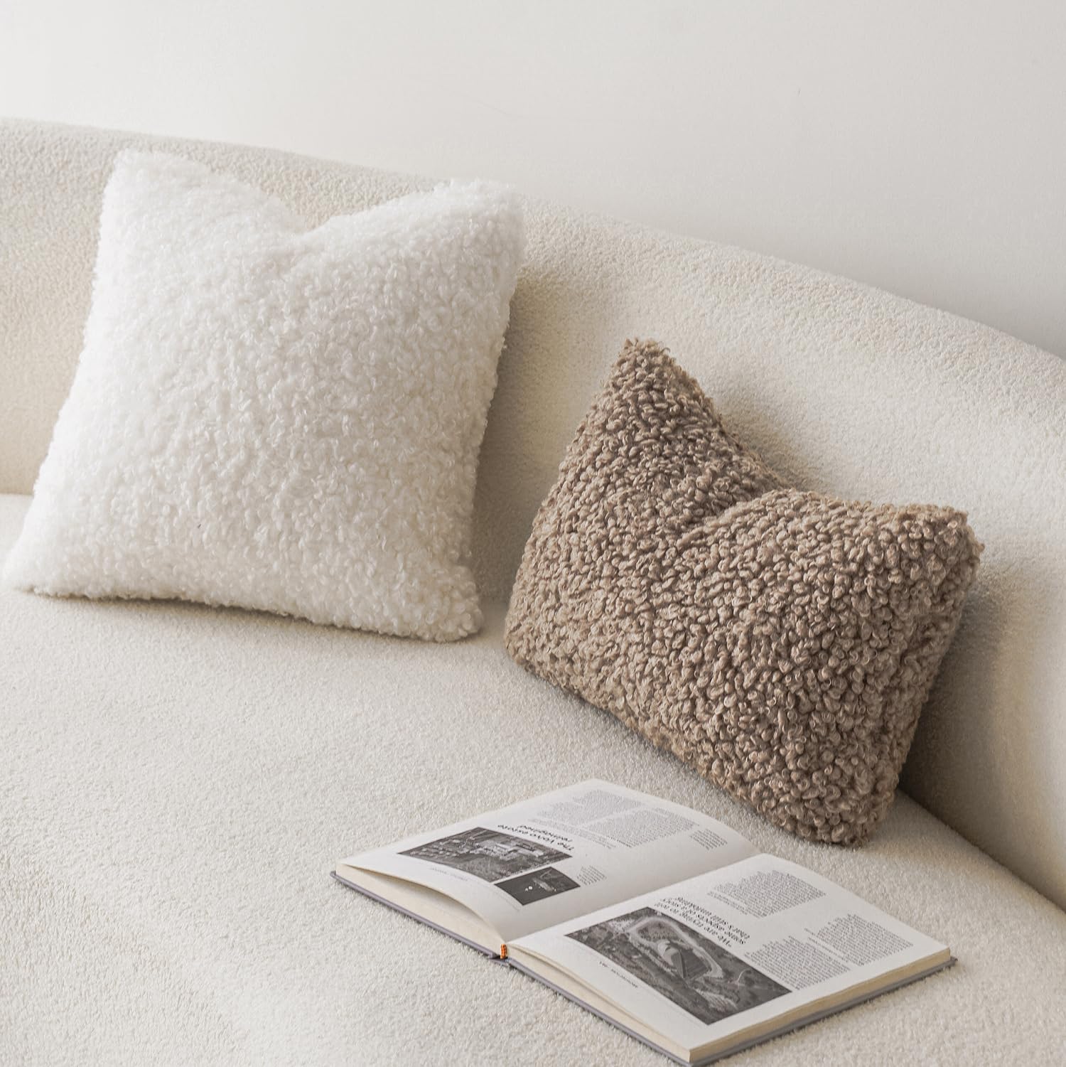 Foindtower Set of 2 Curly Teddy Wool Pillow Covers Decorative Boucle Textured Lumbar Throw Pillow Faux Fur Pillowcases Sheepskin Cushion Case for Sofa Bedroom Car 12"x20" Khaki