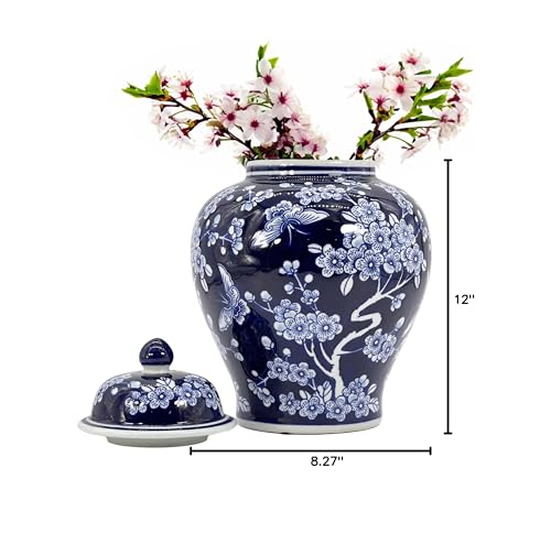 Galt International Dark Blue Floral Chinoiserie Jar 12" w/Lid - Ginger Jar, Tea Storage, Decorative, Home Decor Jar