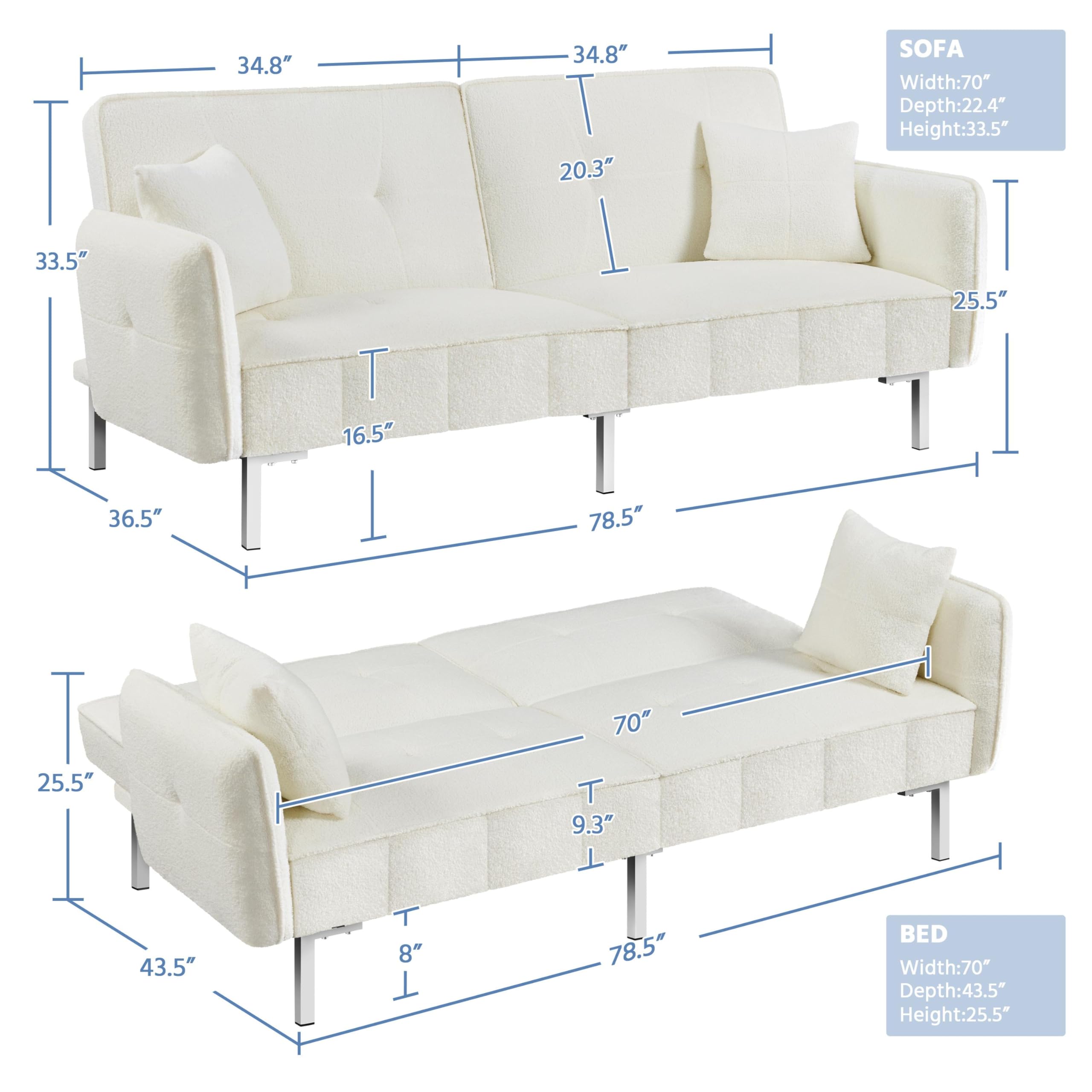 Topeakmart Futon Sofa Bed Split-Back Sleeper Sofa with Removable Armrest Sturdy Metal Legs 3 Angles Adjustable Couch Settee for Apartment/Living Room/Office Ivory Bouclé