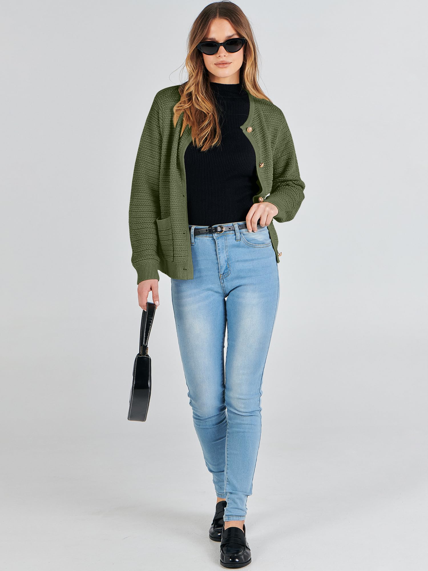ANRABESS Women's Tweed Knit Cardigan Sweater Casual Long Sleeve Cropped Button Down Lady Jackets 2025 Spring Fashion Outwear Army Green Medium