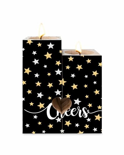 Star Gold Candle Holder with Tea Light,Vintage Wood Tealight Candle Stick Holder Pillar Centerpiece,Heart-Shaped Tall Wooden Tea Light Candle Holders Set Merry Cheers Modern Minimalist Grey Black