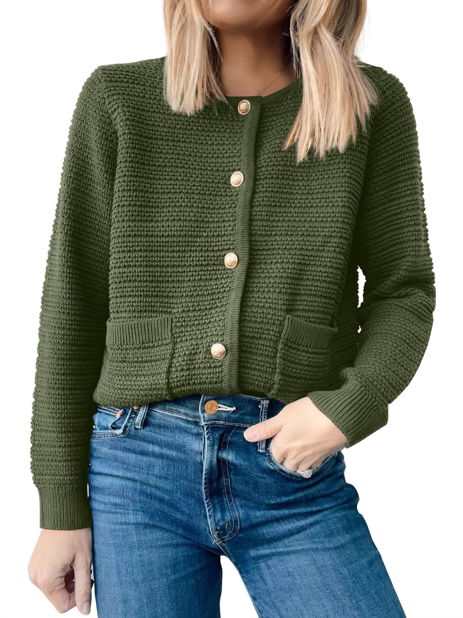 ANRABESS Women's Tweed Knit Cardigan Sweater Casual Long Sleeve Cropped Button Down Lady Jackets 2025 Spring Fashion Outwear Army Green Medium