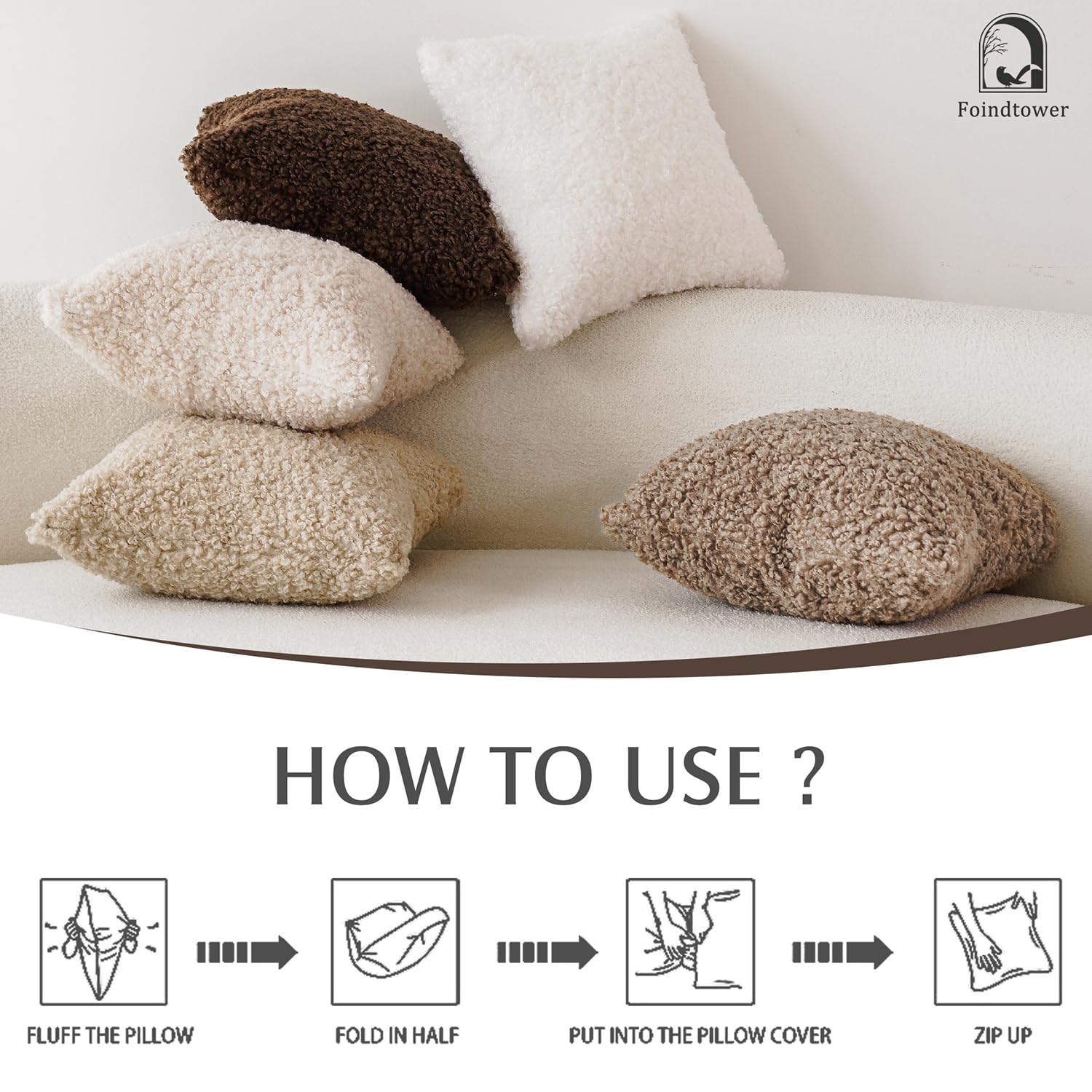 Foindtower Set of 2 Curly Teddy Wool Pillow Covers Decorative Boucle Textured Lumbar Throw Pillow Faux Fur Pillowcases Sheepskin Cushion Case for Sofa Bedroom Car 12"x20" Khaki