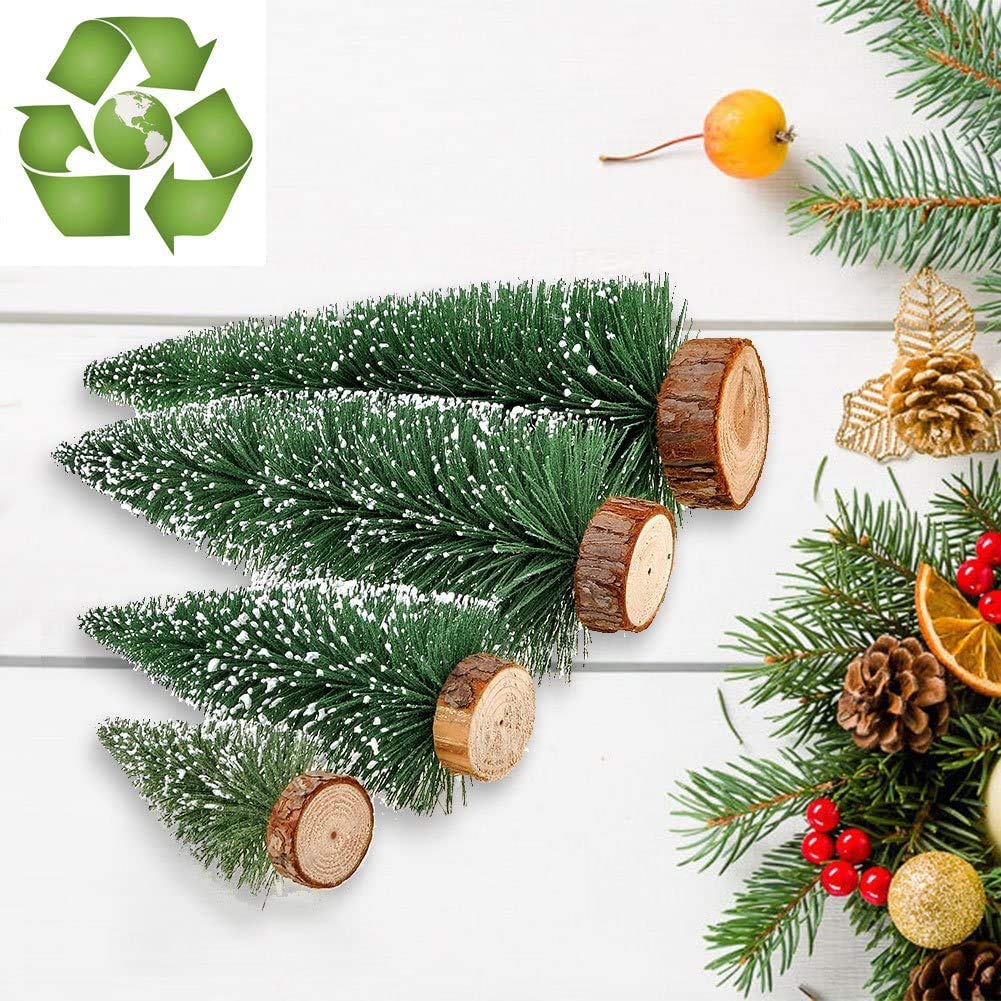 ANLL Desktop Miniature Pine Tree,Small Tabletop Christmas Tree, Mini Sisal Trees with Wood Base Bottle Brush Trees Toppers Snow Ornaments for Crafts, Displaying Christmas Party Home Decoration