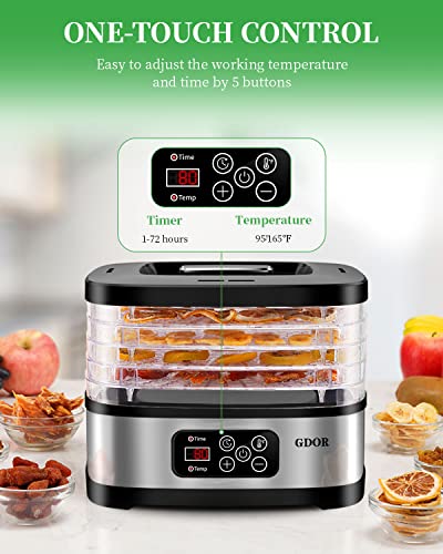 GDOR Food Dehydrator Includes Mesh Screen, Fruits Roll Sheet, Recipes, 5 Trays Dehydrator Machine with Temp Control & 72H Timer & LED Display, for Jerky, Fruit, Veggie, Herb, Dog Treat, BPA-Free