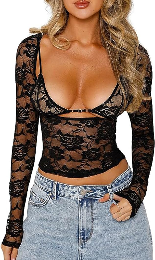 Women's Going Out Tops Y2k Sheer See Through Shirt Fairy Lace Patchwork Long Sleeve Crop Top Grunge Streetwear