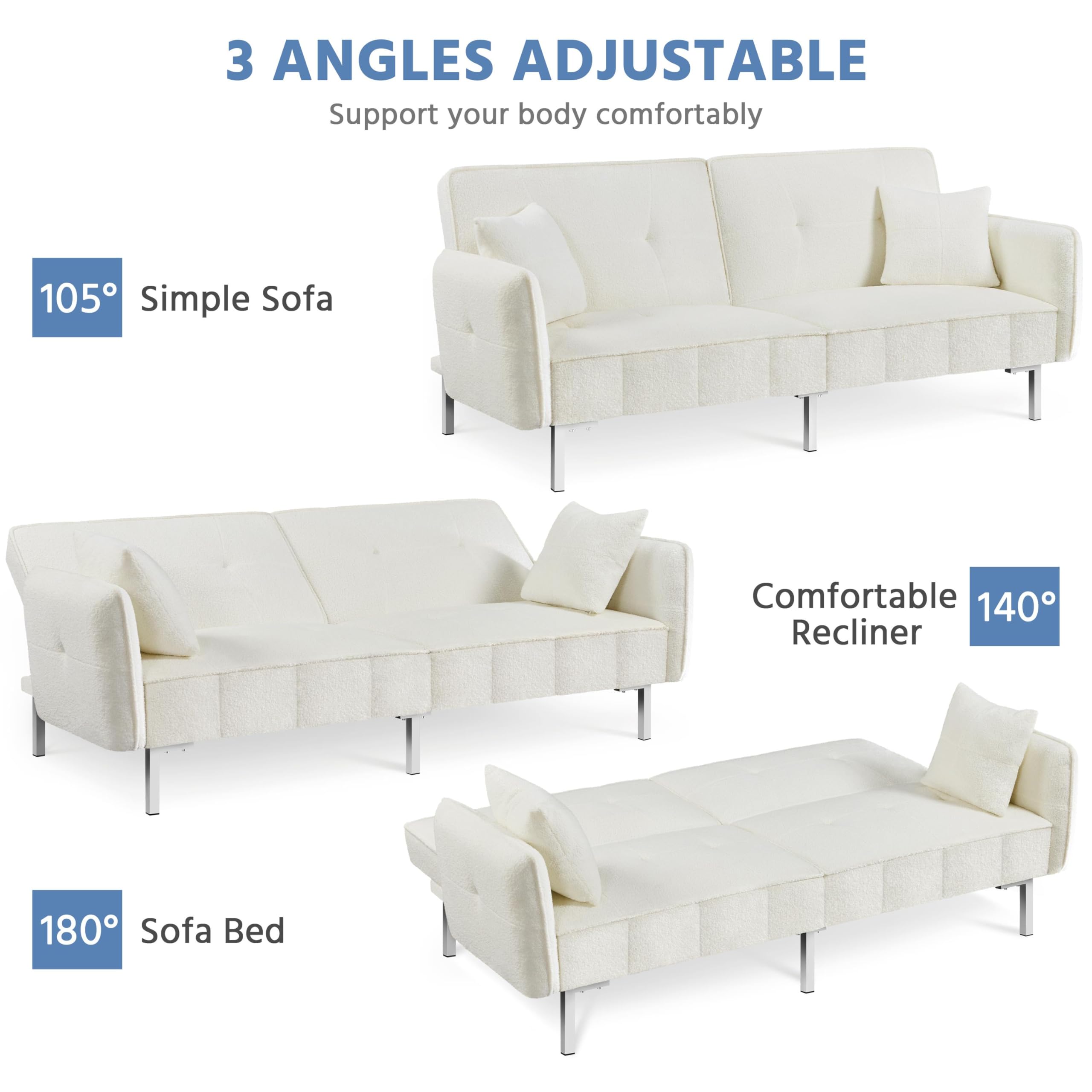 Topeakmart Futon Sofa Bed Split-Back Sleeper Sofa with Removable Armrest Sturdy Metal Legs 3 Angles Adjustable Couch Settee for Apartment/Living Room/Office Ivory Bouclé