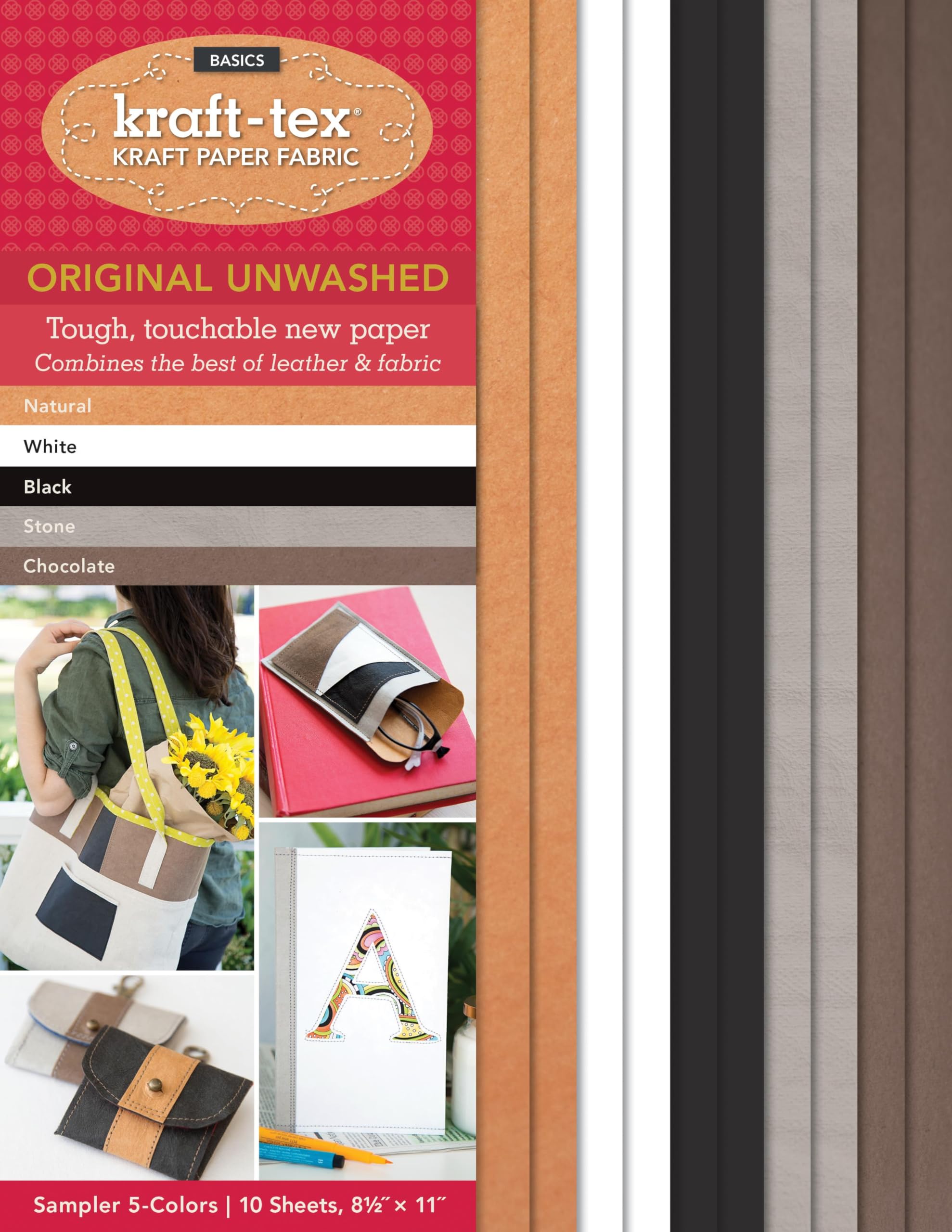 kraft-tex Sampler 5-Colors Original Unwashed: Kraft Paper Fabric, 10-Sheets 8.5" x 11â (kraft-tex Basics)