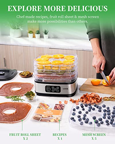 GDOR Food Dehydrator Includes Mesh Screen, Fruits Roll Sheet, Recipes, 5 Trays Dehydrator Machine with Temp Control & 72H Timer & LED Display, for Jerky, Fruit, Veggie, Herb, Dog Treat, BPA-Free