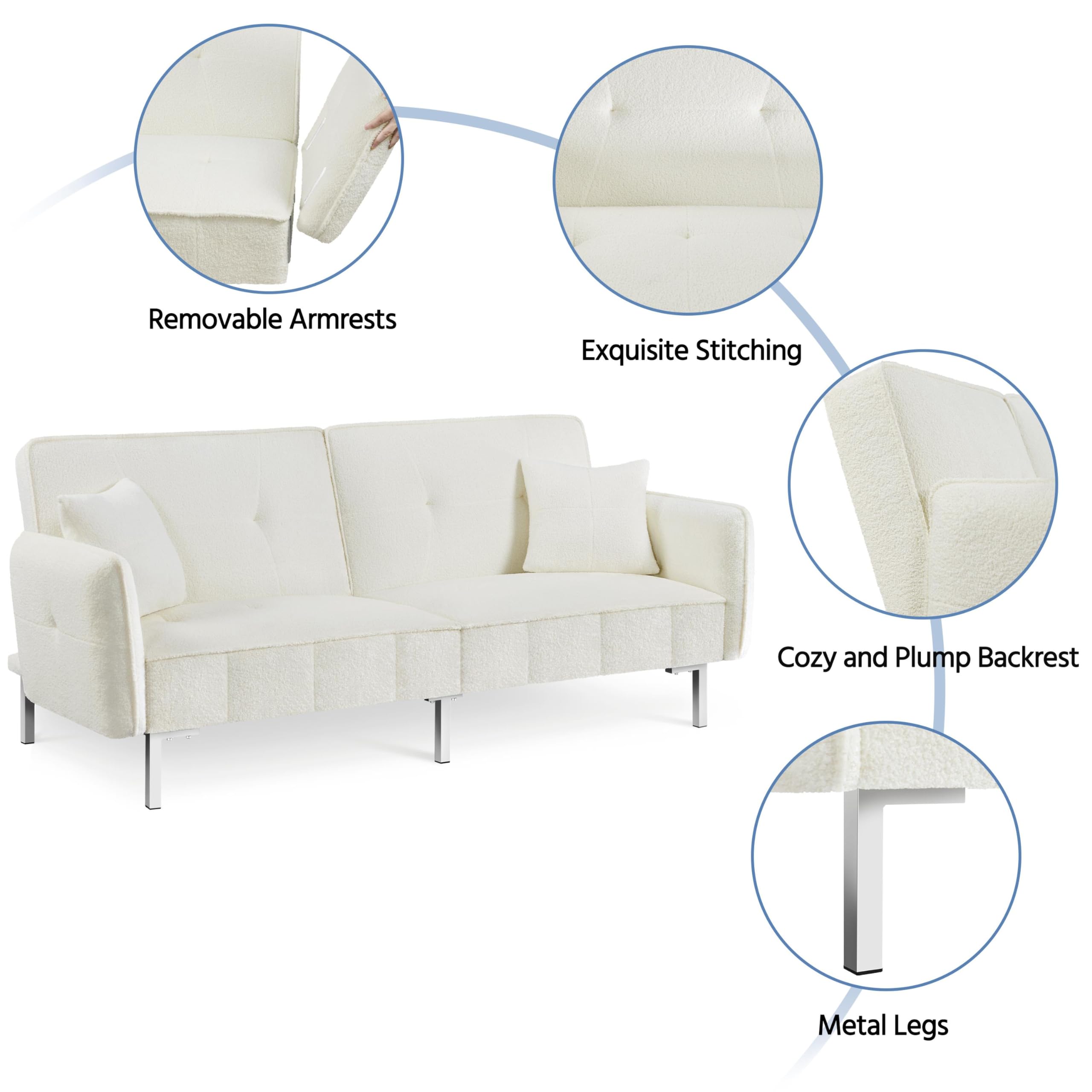 Topeakmart Futon Sofa Bed Split-Back Sleeper Sofa with Removable Armrest Sturdy Metal Legs 3 Angles Adjustable Couch Settee for Apartment/Living Room/Office Ivory Bouclé