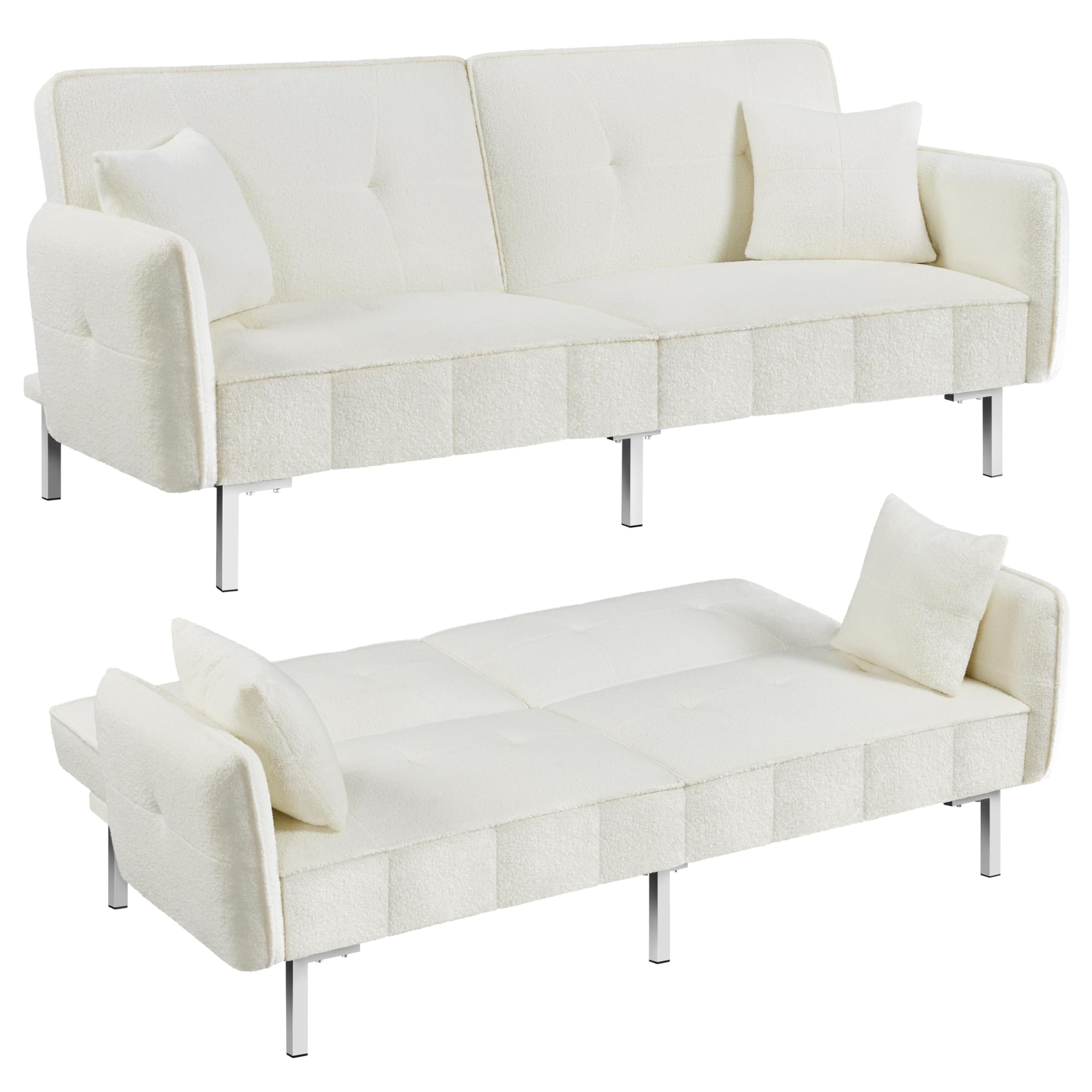 Topeakmart Futon Sofa Bed Split-Back Sleeper Sofa with Removable Armrest Sturdy Metal Legs 3 Angles Adjustable Couch Settee for Apartment/Living Room/Office Ivory Bouclé