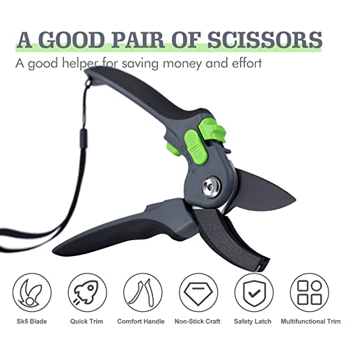8" Garden Pruning Shears for Thick Branches, Heavy Duty Labor-Saving Clipper Tree Trimmers Secateurs with adjustable Size for Small&Big Hands, Hand Pruner, Bonsai Cutters with Shockproof Cushion