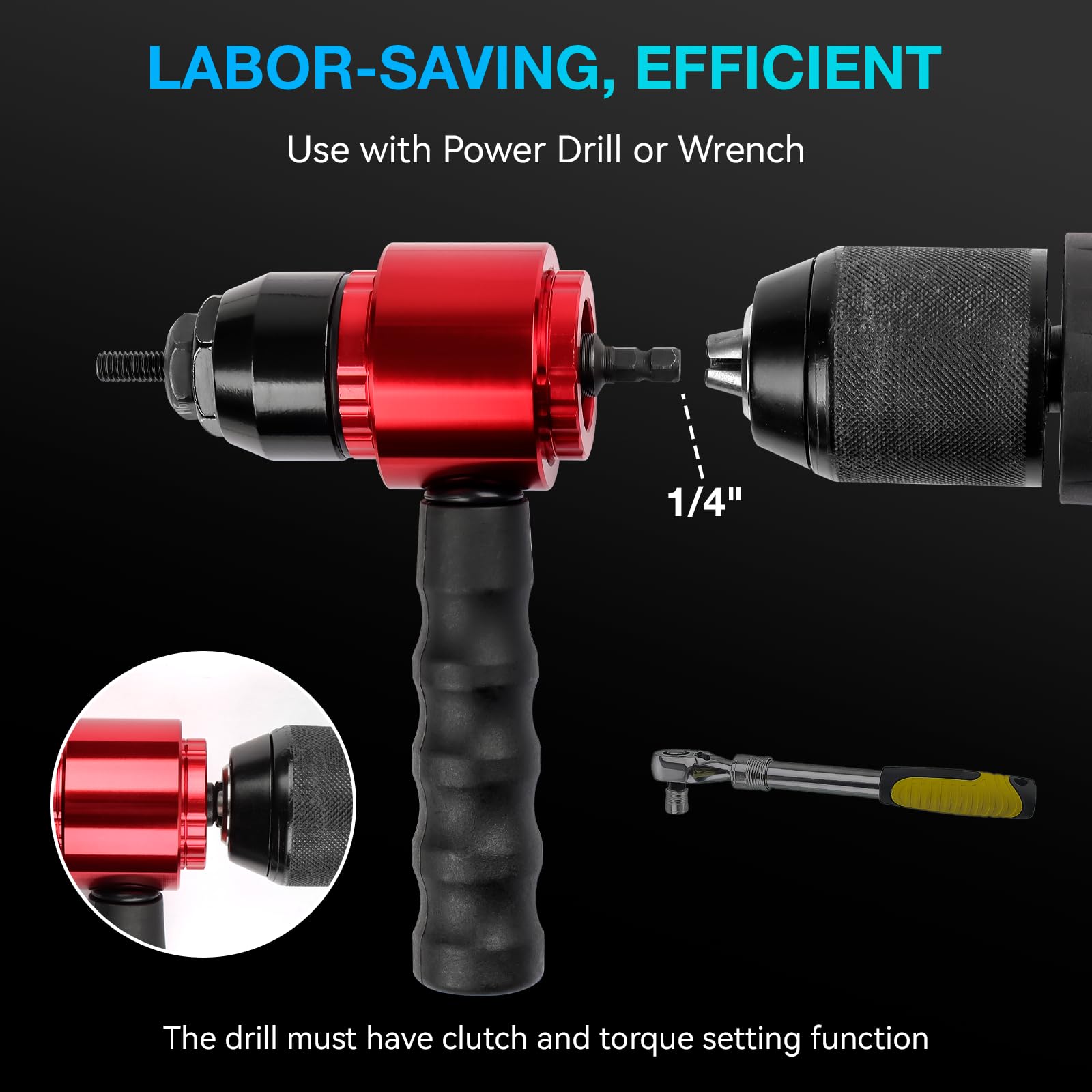 YUZES Rivet Nut Tool Rivet Nut Kit, Rivet Nut Gun Adapter Compatible with Cordless Drill & Ratchet Wrench, Newly Labor-Saving Rivnut Tool with 10 Mandrels & 50 Rivet Nuts, Rugged Carrying Case