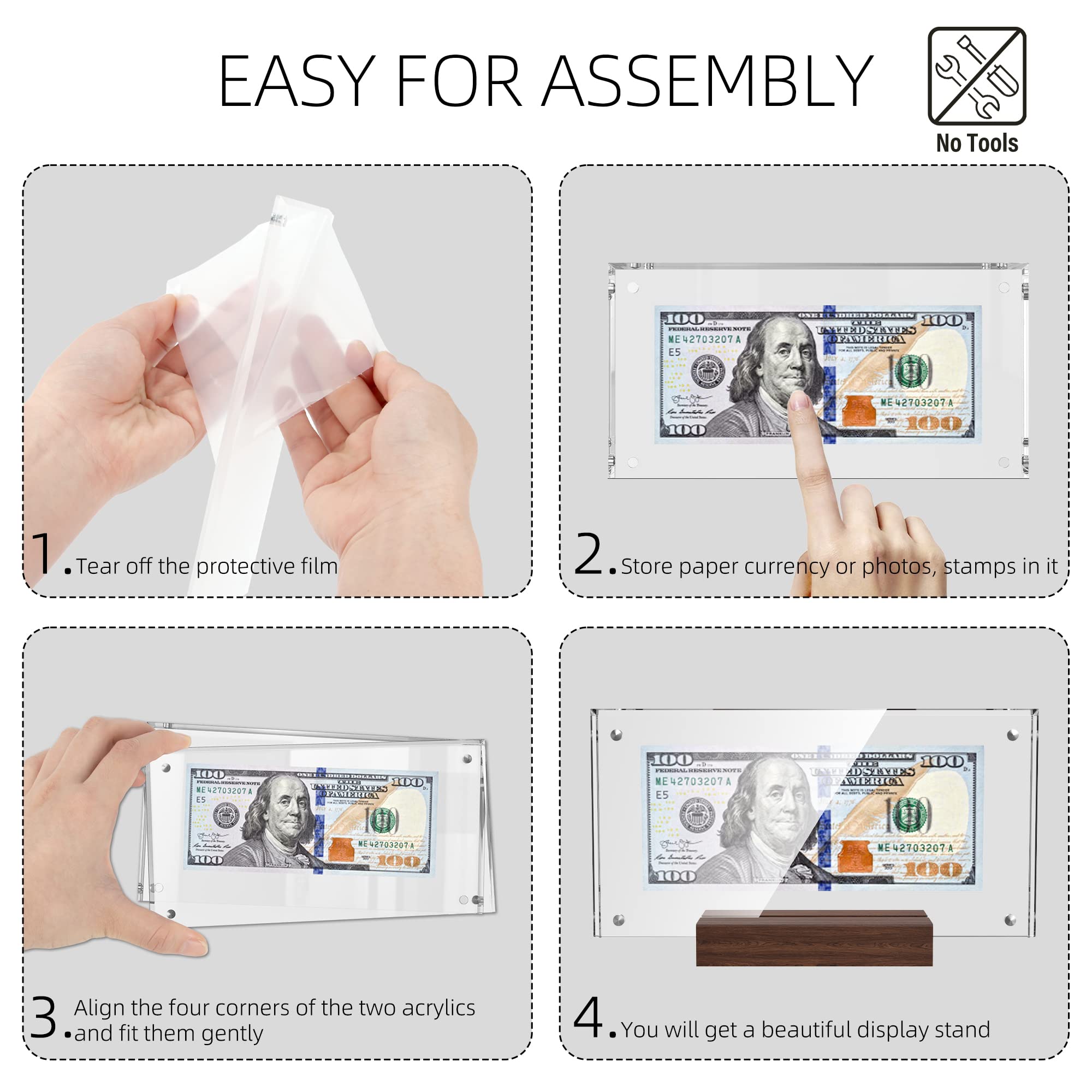 Dollar Bill Frame,Acrylic Currency Display Holder with Black Walnut Base Clear Paper Money Frame for Collectors Ticket Protector Photos Display Case,7.8 * 4.1inch(2PCS)