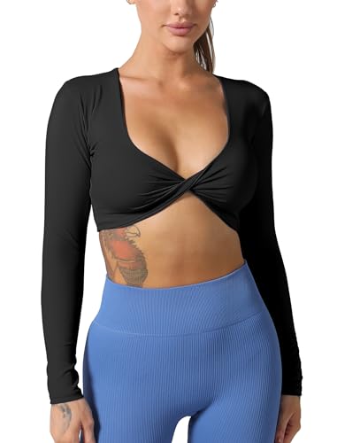 ABOCIW Workout Tops for Women Long Sleeve Sexy Twist Front Deep V Neck Athletic Athletic Crop Tops Padded Bra Basic Workout Shirts Fitness Yoga Gym Cropped Tank Tops Black Medium