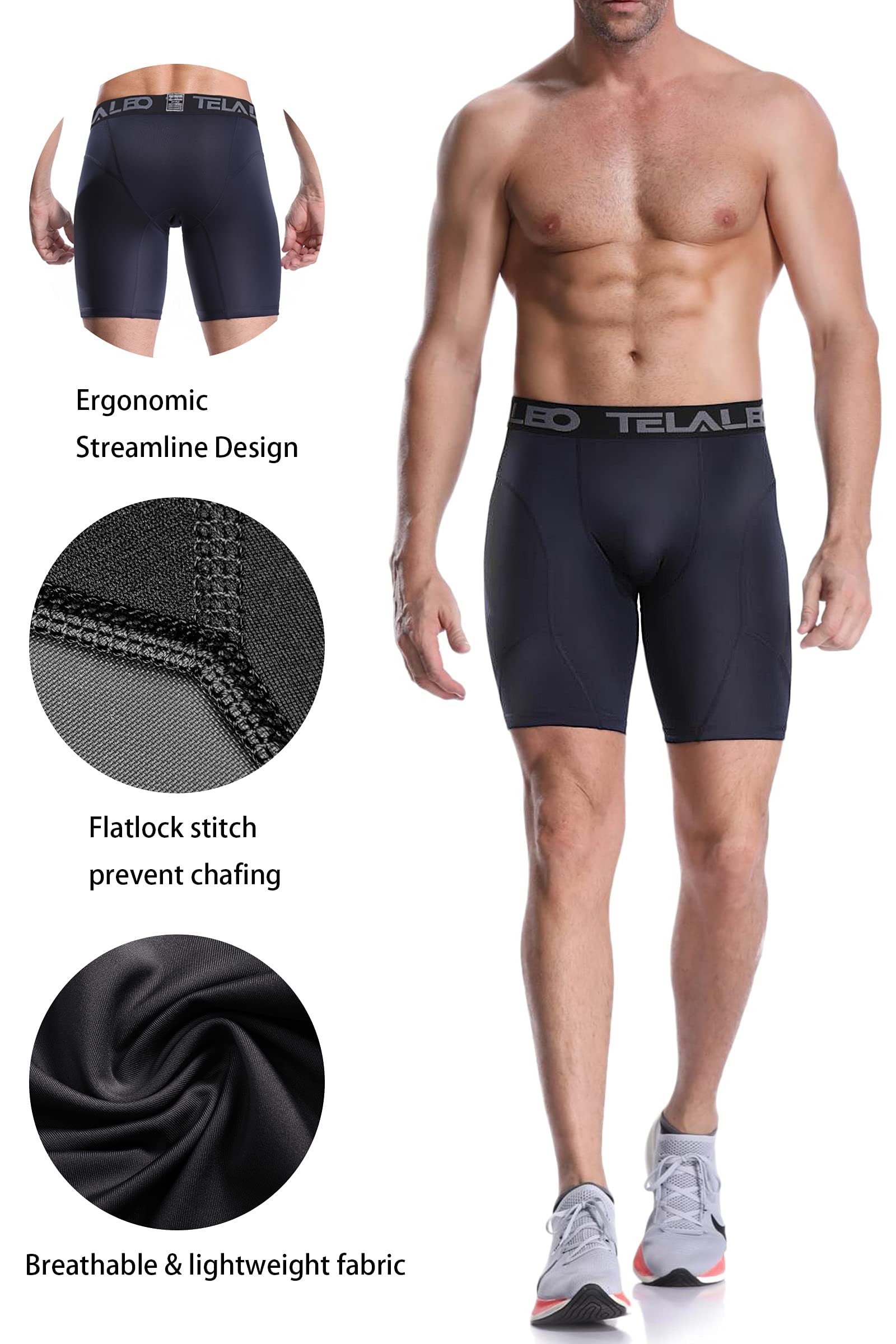 TELALEO 5 Pack Compression Shorts for Men Spandex Sport Shorts Athletic Workout Running Performance Baselayer Underwear Black/Double Blue/Double Gray XL