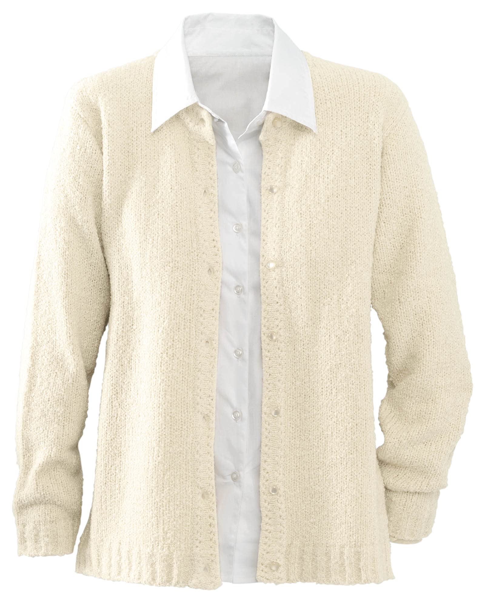 National Boucle Cardigan Sweater - Classic Open Front Design Ribbed Trim and Button Closure, 100% Acrylic, Womens Sweater, Cream, Small