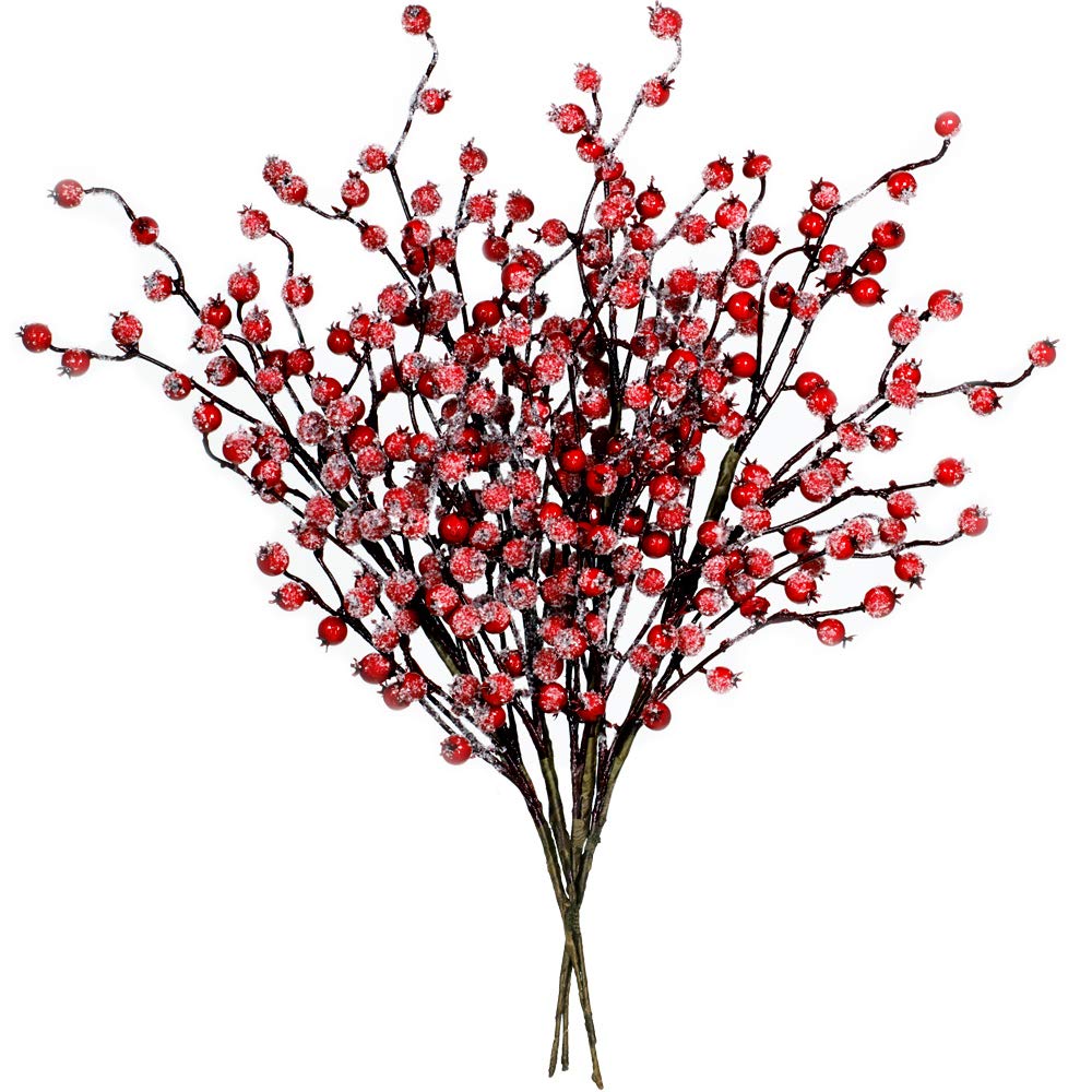 4 Pack ICY Red Berry Picks Artificial Christmas Berry Spray Iced Berry Stems Red Berry Twig Branches for Christmas Holiday Winter Floral Arrangement Centerpiece Seasonal Decoration 18.8" Tall
