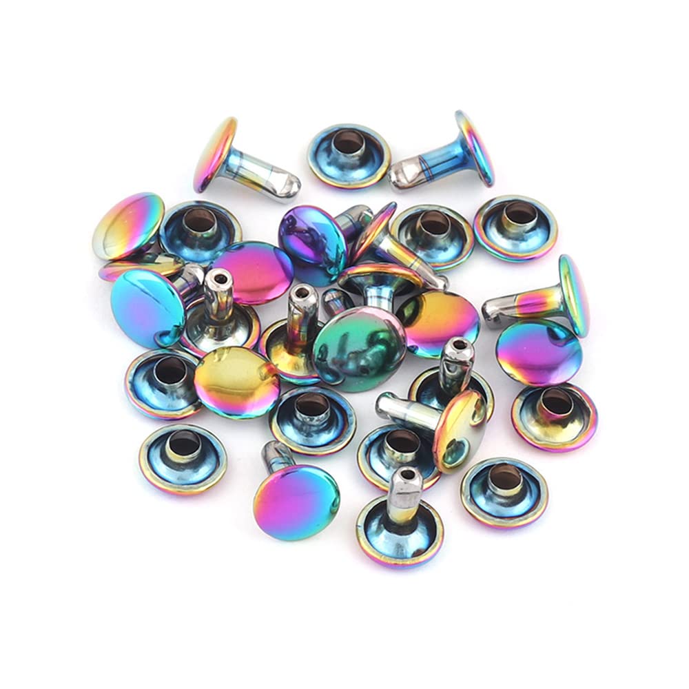 Rainbow Tubular Double Cap Rivets - 9mm Rainbow Metal Button Round Rapid Rivet,Rivet Studs for Purse Bags Handbags Shoes Belts Leather Craft Repair (50 PCS)