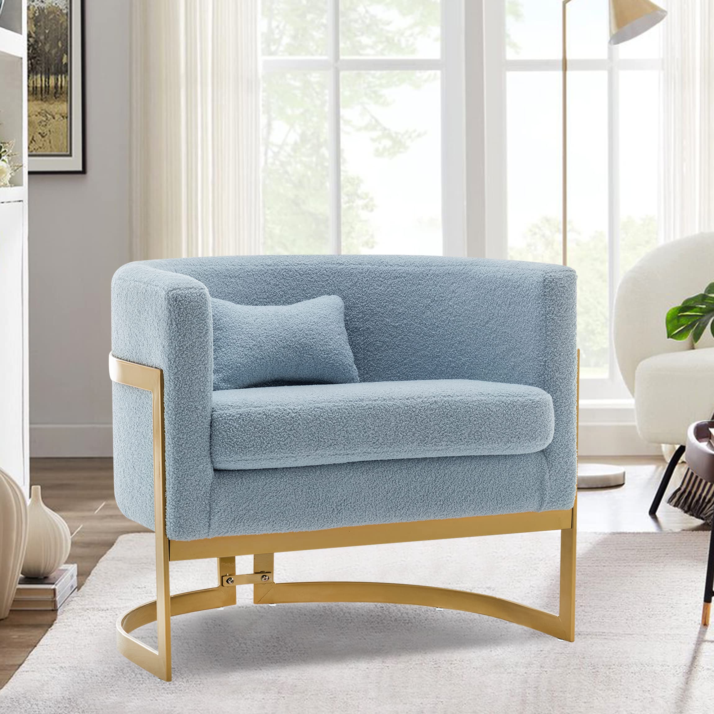 Apeaka Modern Teddy Accent Chair Boucle Arm Chair Living Room Chairs Upholstered Sofa Chair for Bedroom Office Club Barrel Chairs Light Blue