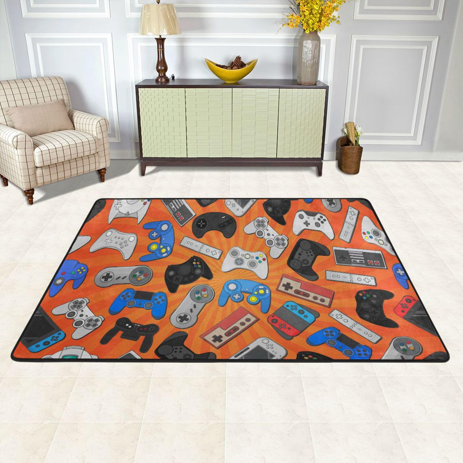 Colorful Gamepad Pattern Area Rug 4x6 Game Joystick Non Slip Large Rugs for Living Room Bedroom Absorbent Washable Carpet with Rubber Backing Indoor Outdoor for Dorm Backyard Patio