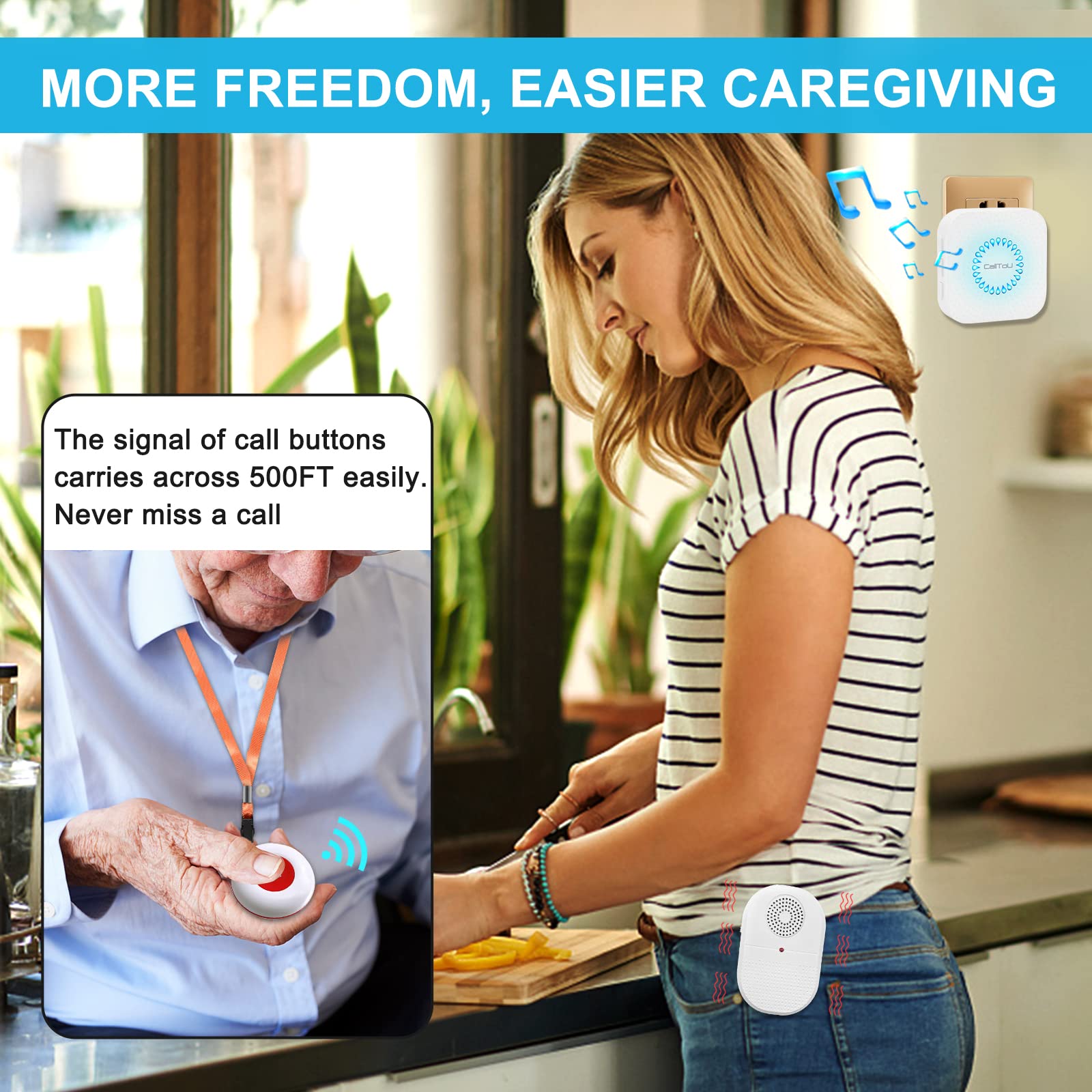 CallToU Wireless Caregiver Pager Call Button Nurse Alert System Waterproof 500+ Feet for Elderly Monitoring Patient Seniors 3 Transmitters 1 Plugin 1 Vibration Receiver