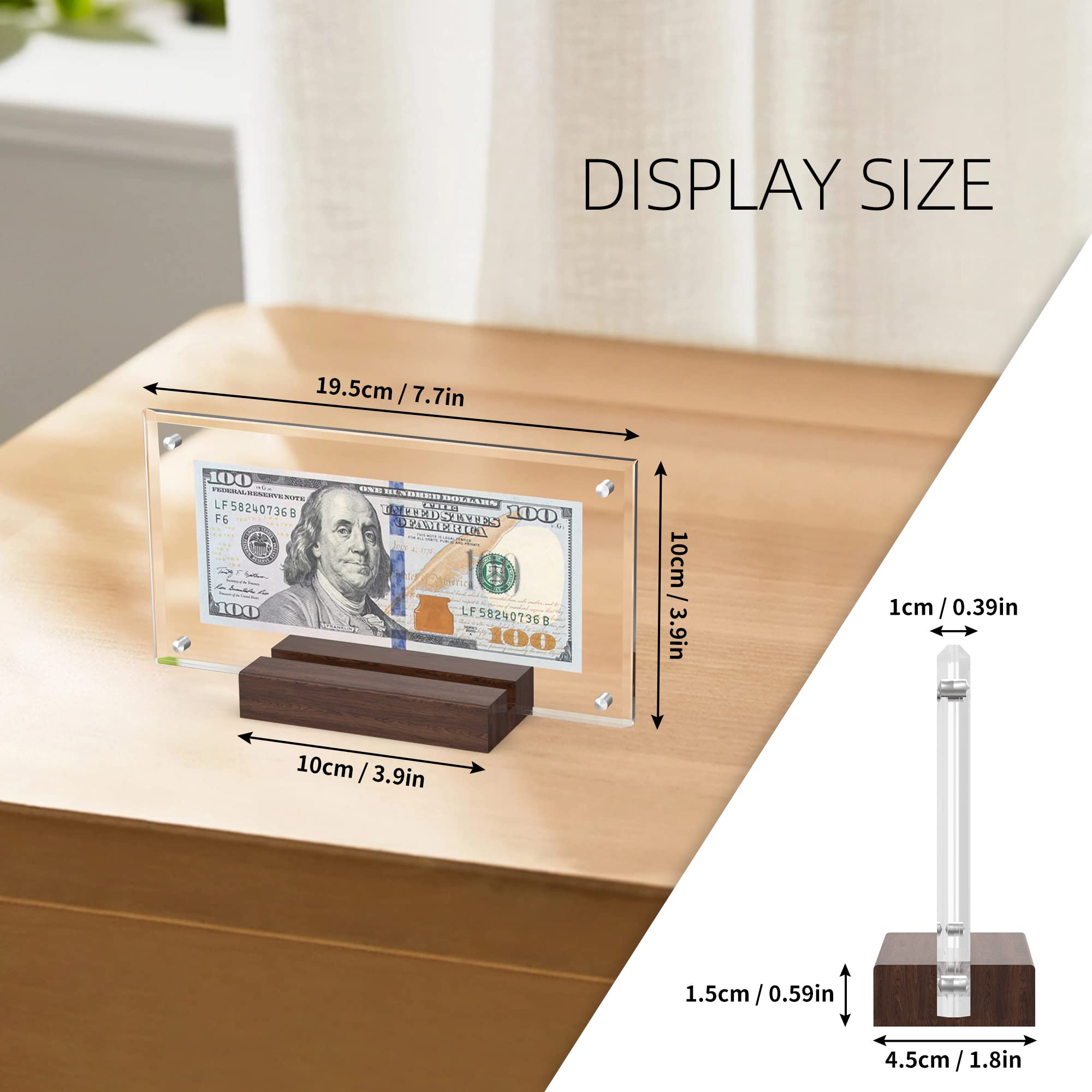Dollar Bill Frame,Acrylic Currency Display Holder with Black Walnut Base Clear Paper Money Frame for Collectors Ticket Protector Photos Display Case,7.8 * 4.1inch(2PCS)
