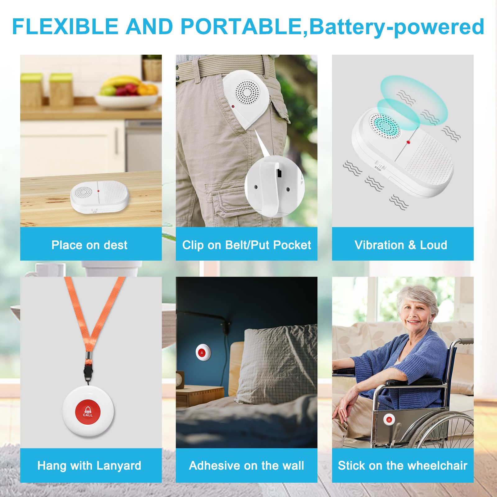 CallToU Wireless Caregiver Pager Call Button Nurse Alert System Waterproof 500+ Feet for Elderly Monitoring Patient Seniors 3 Transmitters 1 Plugin 1 Vibration Receiver
