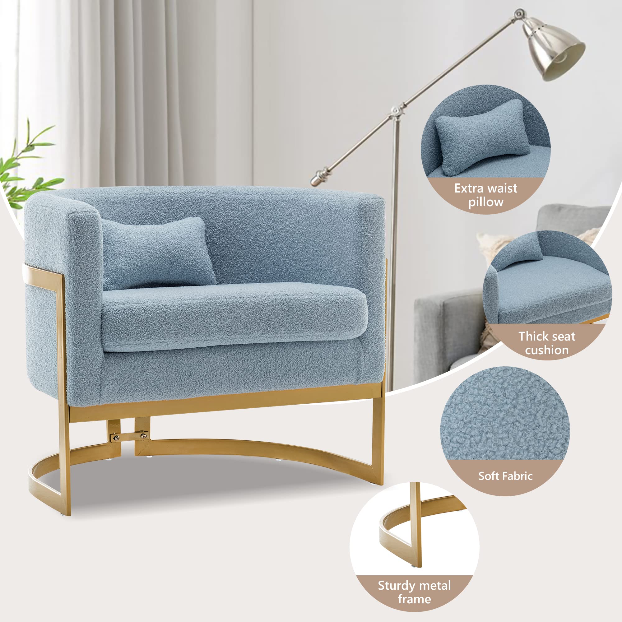 Apeaka Modern Teddy Accent Chair Boucle Arm Chair Living Room Chairs Upholstered Sofa Chair for Bedroom Office Club Barrel Chairs Light Blue