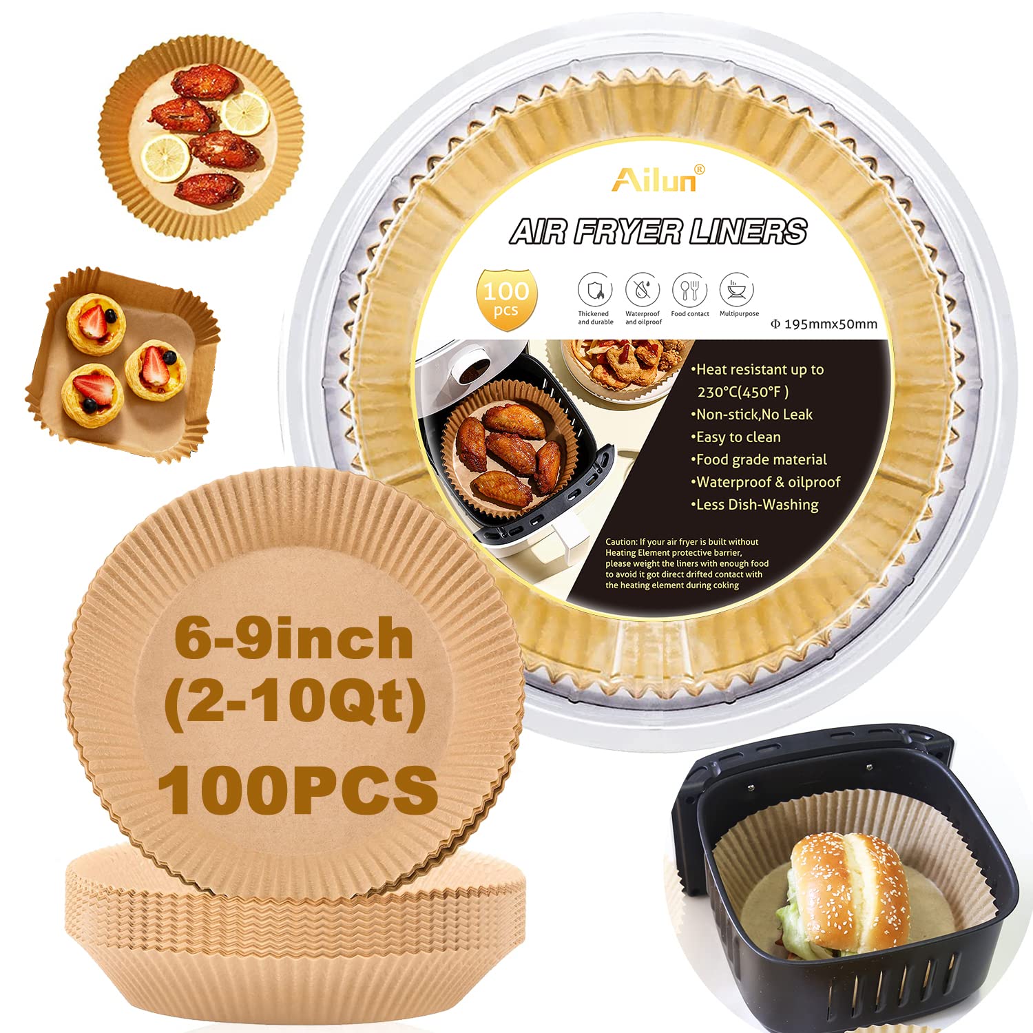 Ailun 8inch Air Fryer Disposable Paper Liners, 100PCS Non-Stick Air Fryer Parchment Liner, Oil Resistant, Waterproof, Food Grade Baking Paper for 5-8 QT Air Fryer Baking Roasting Microwave