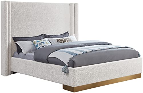Meridian Furniture HaltonCream-K Halton Collection Modern | Contemporary Boucle Fabric Upholstered King Bed, Rich Cream Boucle Fabric, Brushed Gold Metal Base, 94" W x 86.5" D x 65" H, Cream, King