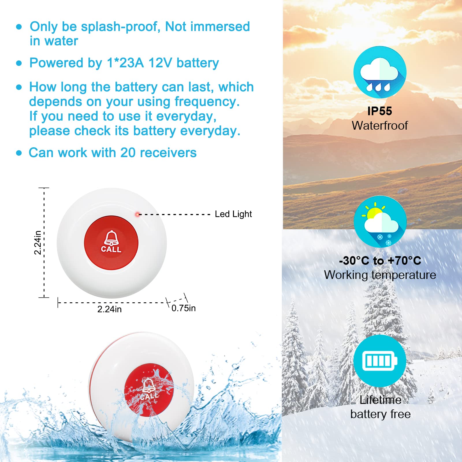 CallToU Wireless Caregiver Pager Call Button Nurse Alert System Waterproof 500+ Feet for Elderly Monitoring Patient Seniors 3 Transmitters 1 Plugin 1 Vibration Receiver