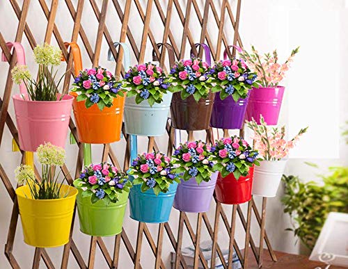 OUTFANDIA Hanging Flower Pots (10pcs), Balcony Garden Plant Planter Metal Iron Mini Flower Seedlings Brigade Fence Bucket Pots Hanger for Home Decor