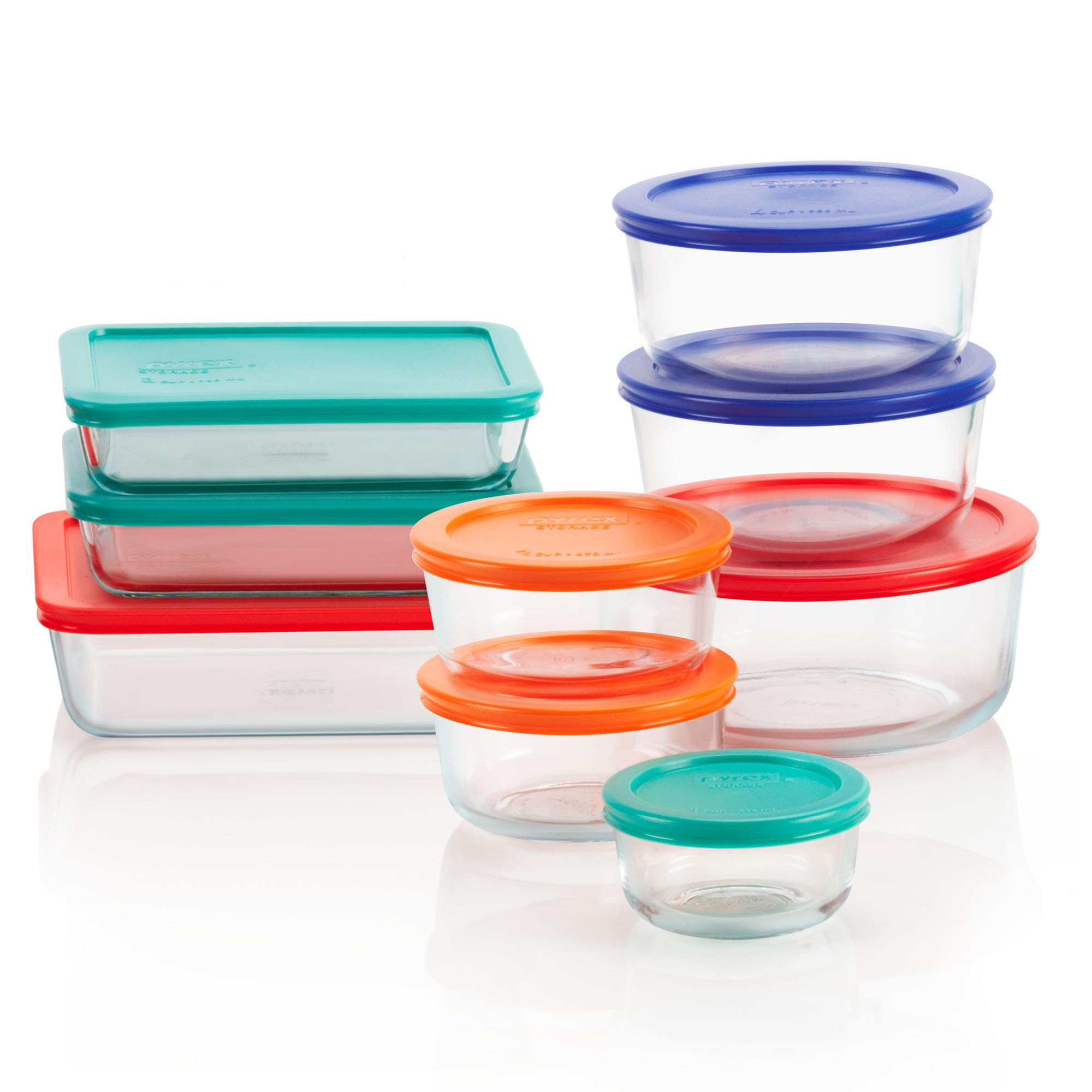 Pyrex Simply Store 18-Pc Glass Food Storage Containers Set, Round & Rectangle Glass Storage Containers with Lid, BPA-Free Lids, Non-Pourous Glass, Dishwasher, Microwave, Fridge and Freezer Safe