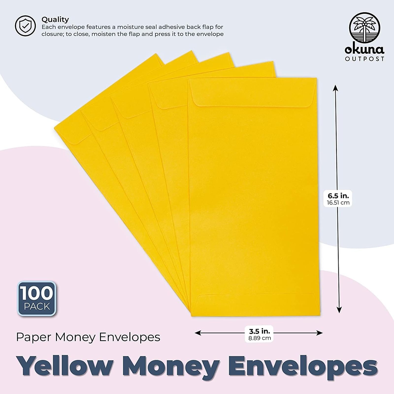 Okuna Outpost Money Envelopes for Cash, Payroll, Money Saving, Coins, Currency, 100GSM, Yellow (4 x 7 Inch) - 100 Pack