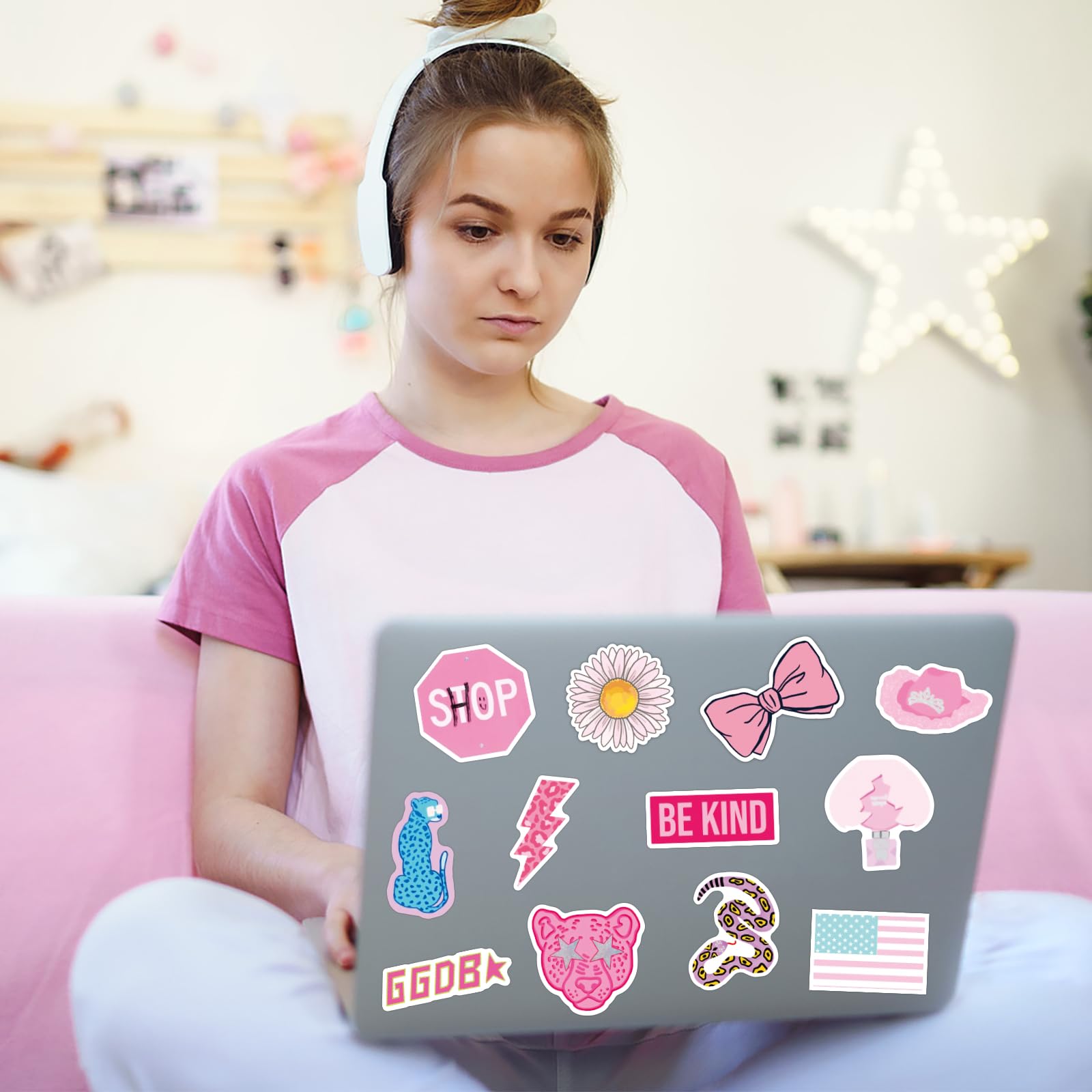 Pterosauria 100 PCS Preppy Stickers Pink Vinyl Waterproof Matte Modern Cartoon Stickers Pack for Bumper, Laptop, Water Bottle, Car, Phone, Hard hat