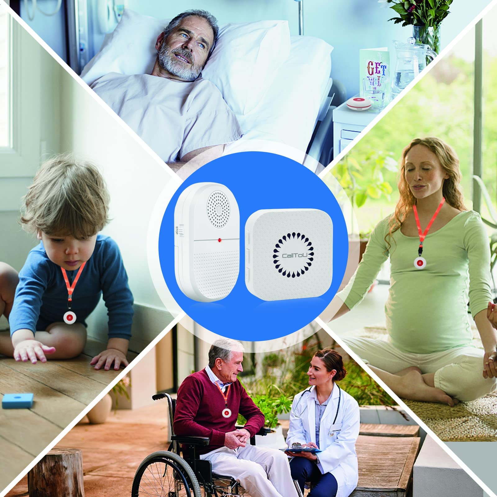 CallToU Wireless Caregiver Pager Call Button Nurse Alert System Waterproof 500+ Feet for Elderly Monitoring Patient Seniors 3 Transmitters 1 Plugin 1 Vibration Receiver