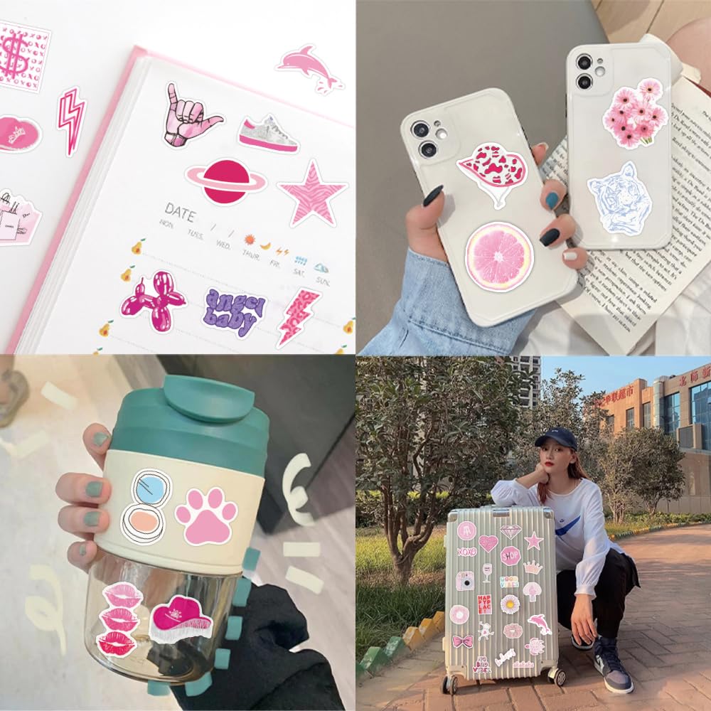 Pterosauria 100 PCS Preppy Stickers Pink Vinyl Waterproof Matte Modern Cartoon Stickers Pack for Bumper, Laptop, Water Bottle, Car, Phone, Hard hat