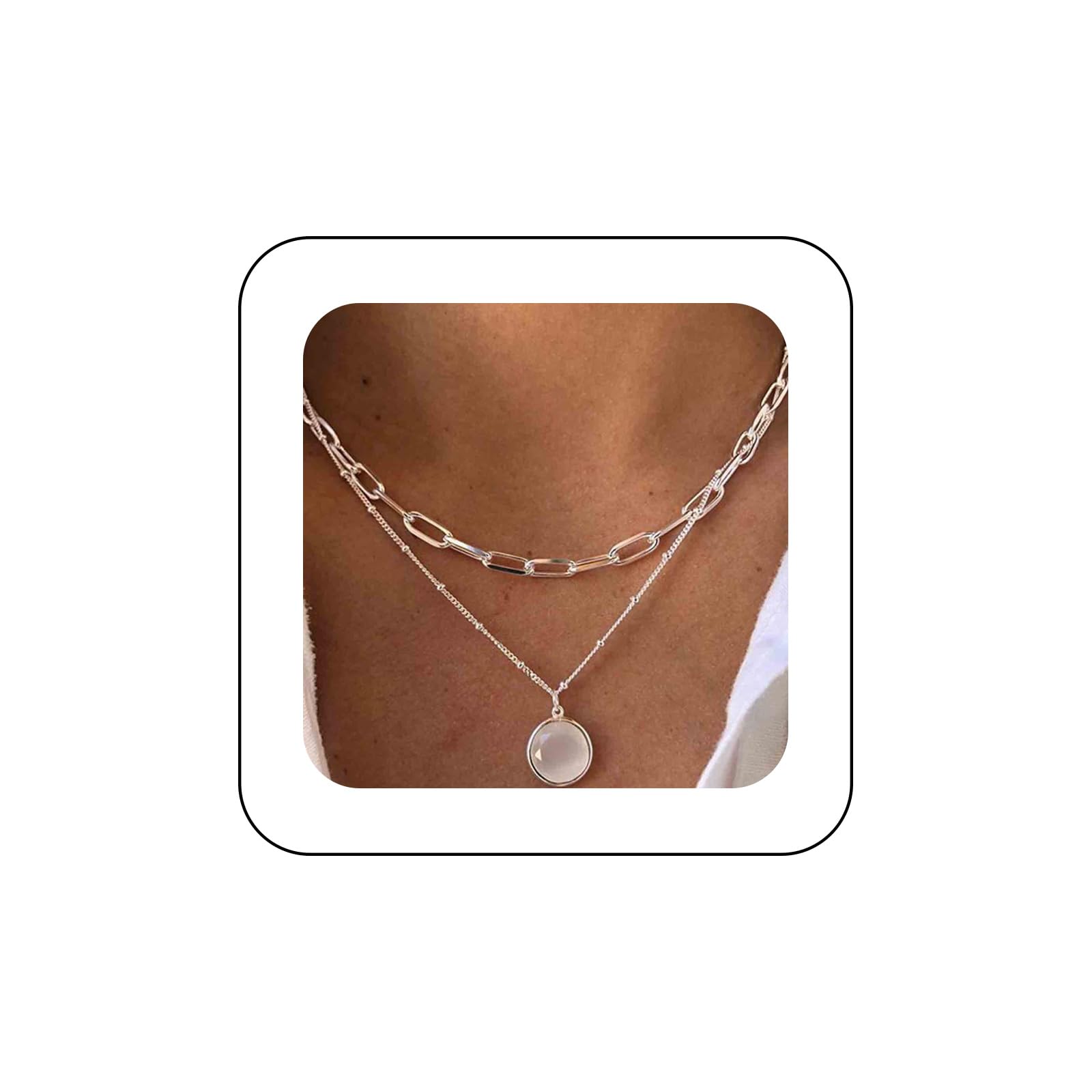 Yheakne Boho Layered Moonstone Necklace Silver Opal Moonstone Pendant Necklace Paper Clip Chain Choker Necklace Punk Flat Chain Necklace Jewelry for Women (Silver)