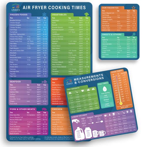 Air Fryer Magnetic Cheat Sheet Set by Linda’s Essentials - Air Fryer Cooking Times Chart Magnet, Quick Reference Guide for Cooking and Frying, Air Fryer Cooking Times Chart & Kitchen Conversions