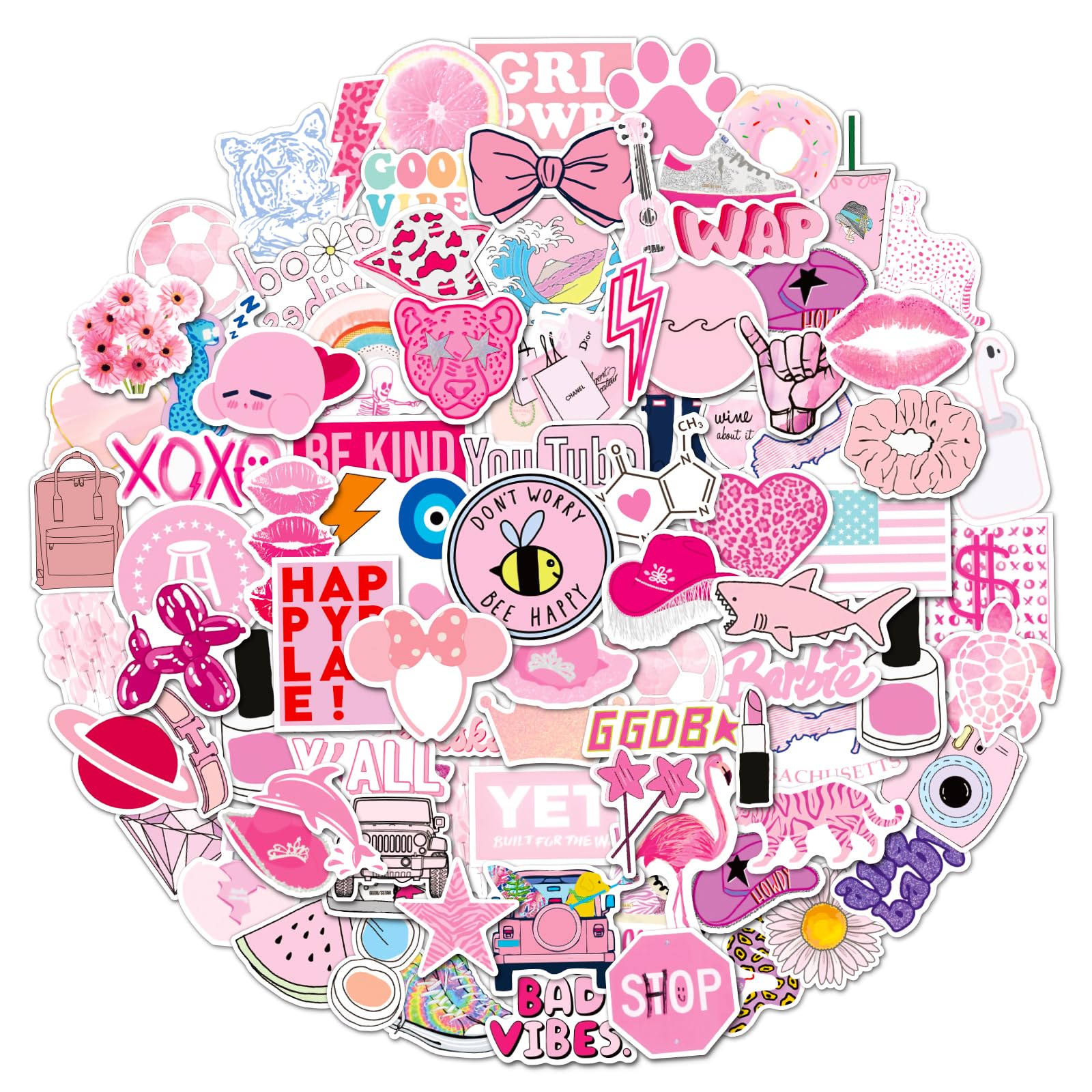 Pterosauria 100 PCS Preppy Stickers Pink Vinyl Waterproof Matte Modern Cartoon Stickers Pack for Bumper, Laptop, Water Bottle, Car, Phone, Hard hat