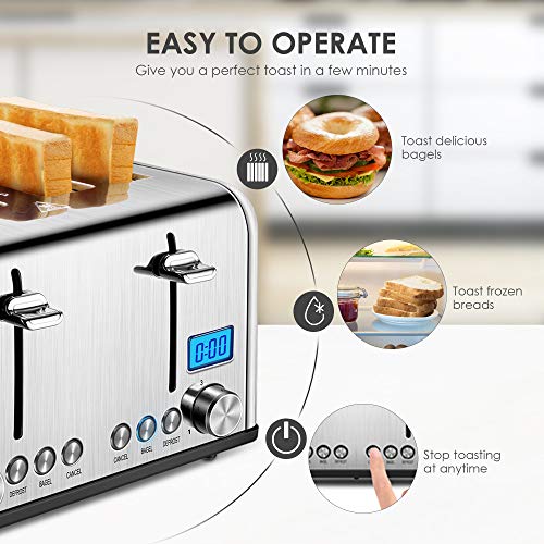 REDMOND 4 Slice Toaster, Countdown Stainless Steel Toaster with Bagel, Defrost, Cancel Function, Extra Wide Slots, 6 Bread Shade Settings, 1650W, ST030